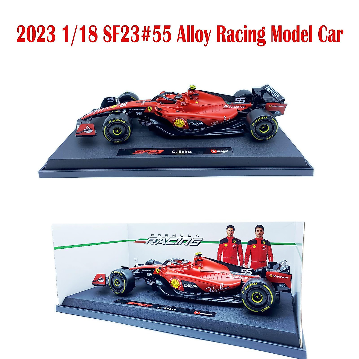 HTLNUZD Bburago 1:18 SF23#55 New 2023 Model Car for Ferrari Team Alloy Racing Die Cast Car Sainz Signature 1/18 F1 SF23#55 Collection Gift