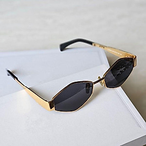 ADE WU Hexagon Sunglasses for Women Vintage Gold Geometric Shades in Metal Frame Gold/Grey