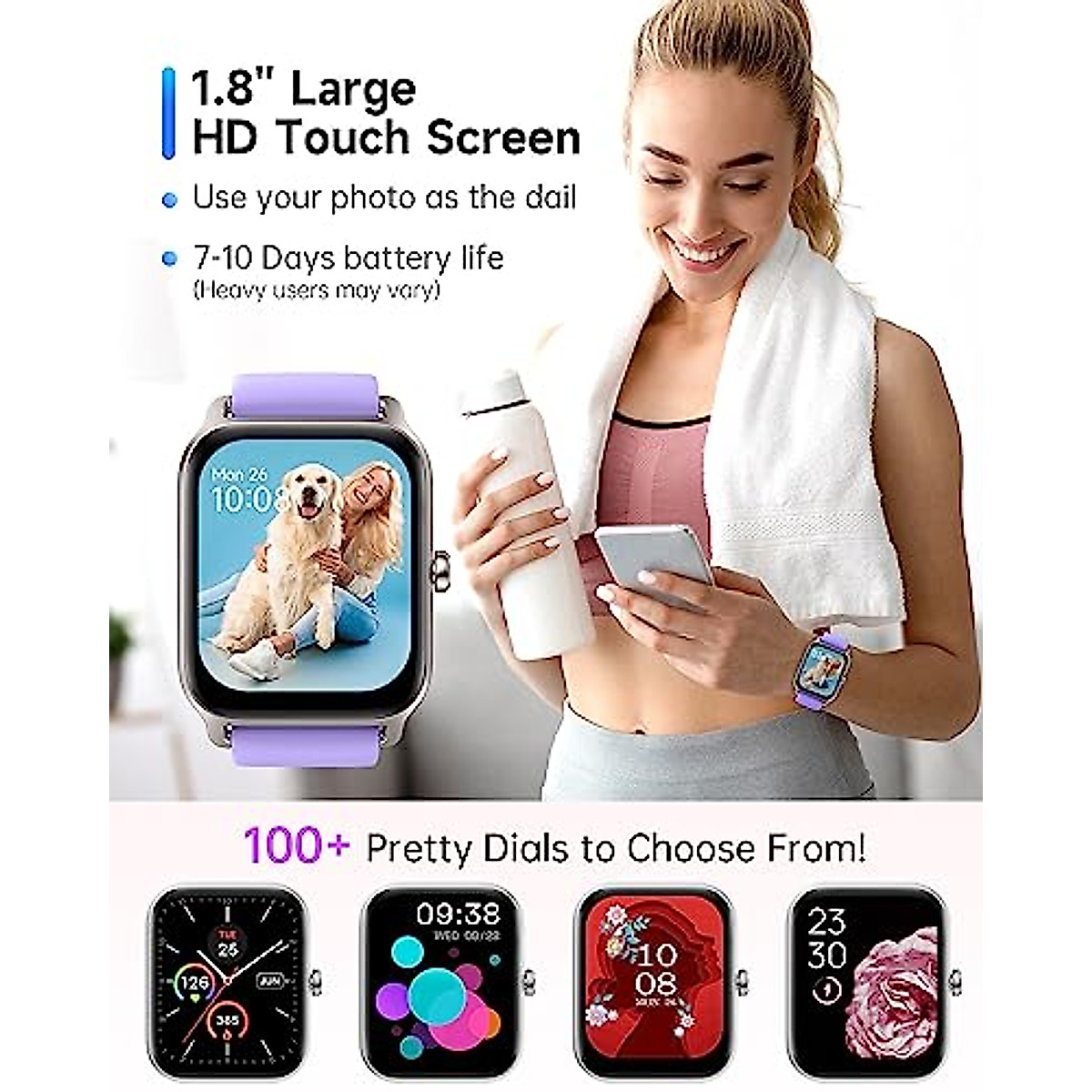 TOOBUR Smart Watch for Women Alexa Built-in, 1.8" IP68 Fitness Tracker with Heart Rate/Blood Oxygen/Sleep Tracker/100+ Sport Modes/Answer & Make Calls, Fitness Watch Android iOS Compatible Lilac