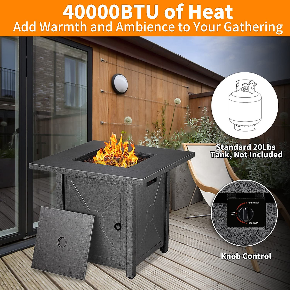 R.W.FLAME 28'' Fire Pit Table,Propane Fire Pit Table,41000BTU,propane fire pit,Portable Outdoor Fire Pit with Lava Racks,Lid & Rain Cover.Smokeless Gas Fire Pit Table for Outside Paito/Garden/Backyard