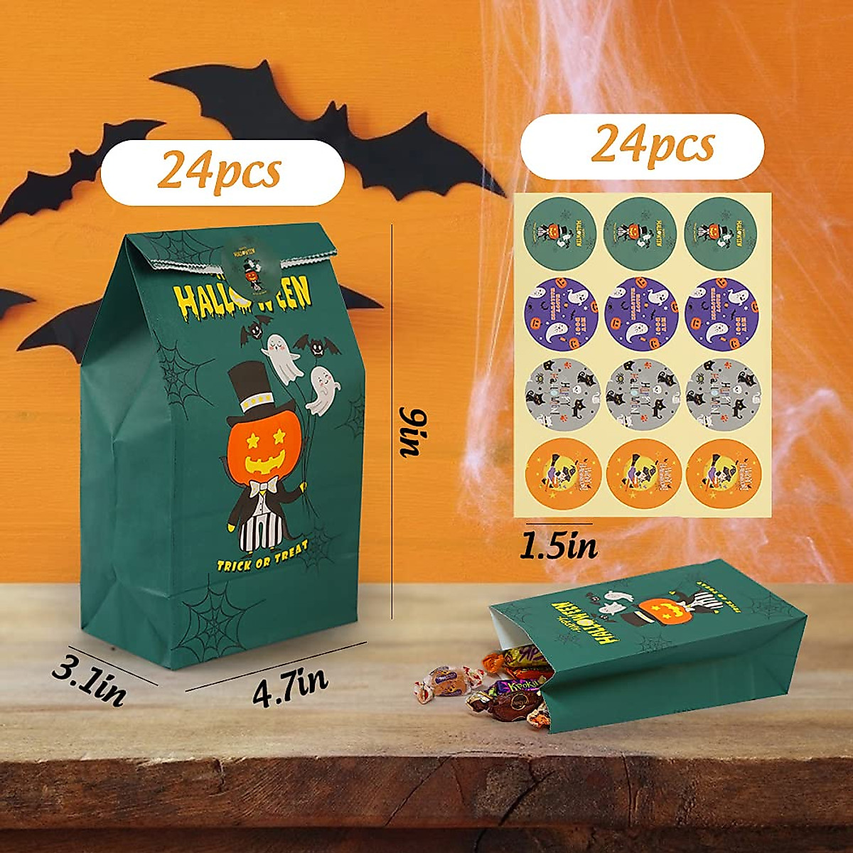 STARRKY Halloween Paper Candy Bags, 24PCS Halloween Goodie Bags Bulk Paper Gift Bags Halloween Treat Bags with Stickers for Kids Party Favor