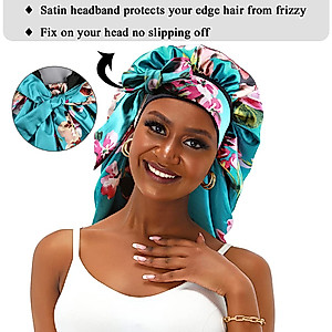 sent hair Extra Long Satin Bonnet Sleep Cap for Women, Double Layer Silky Hair Bonnet for Braids/Curly/Long Hair - Soft Elastic Band, Green Floral