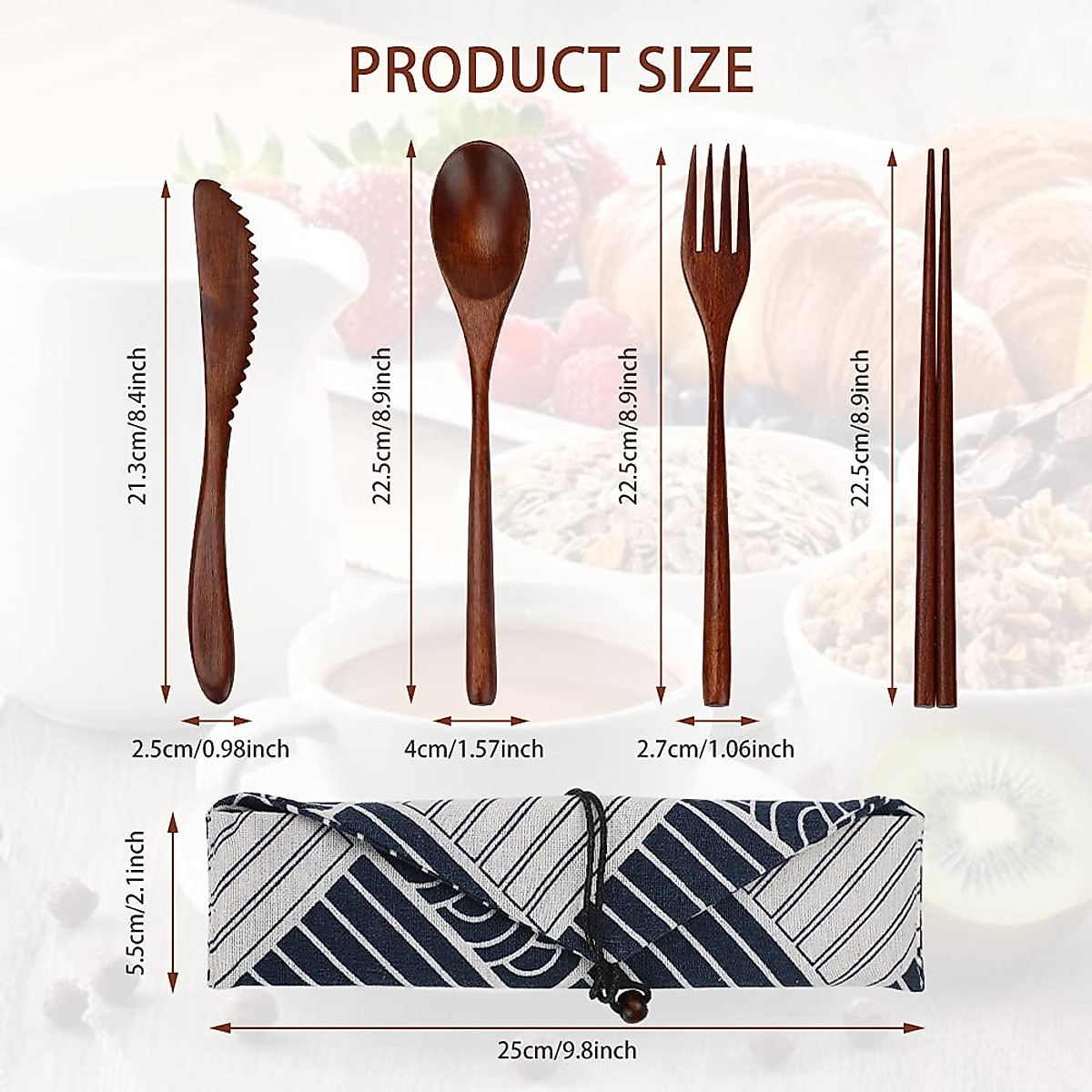 Ideashop Wooden Cutlery Set 16 PCS Reusable Flatware Set, Portable Wooden Utensils for Eating Includes Wooden Knife, Fork, Spoon, Chopsticks, with Pouch for Household Office Camping Traveling