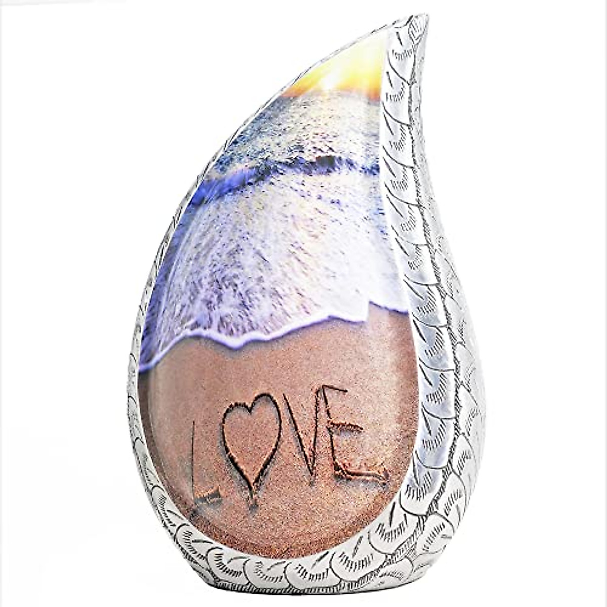 M MEILINXU Teardrop Decorative Urns, Funeral Cremation Urns for Human Ashes - Display at Home or in Niche at Columbarium, Engraved Aluminum Urns for Ashes Adult Female & Male, Beach & Love - Large