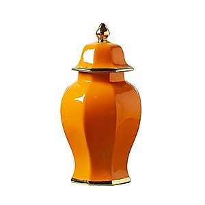 Handmade Orange Hexagon Ginger Jar Vase Ornament, Home & Living Room Decorative Jar, Gold-Plated Ceramic Temple Jar (Size : Small)