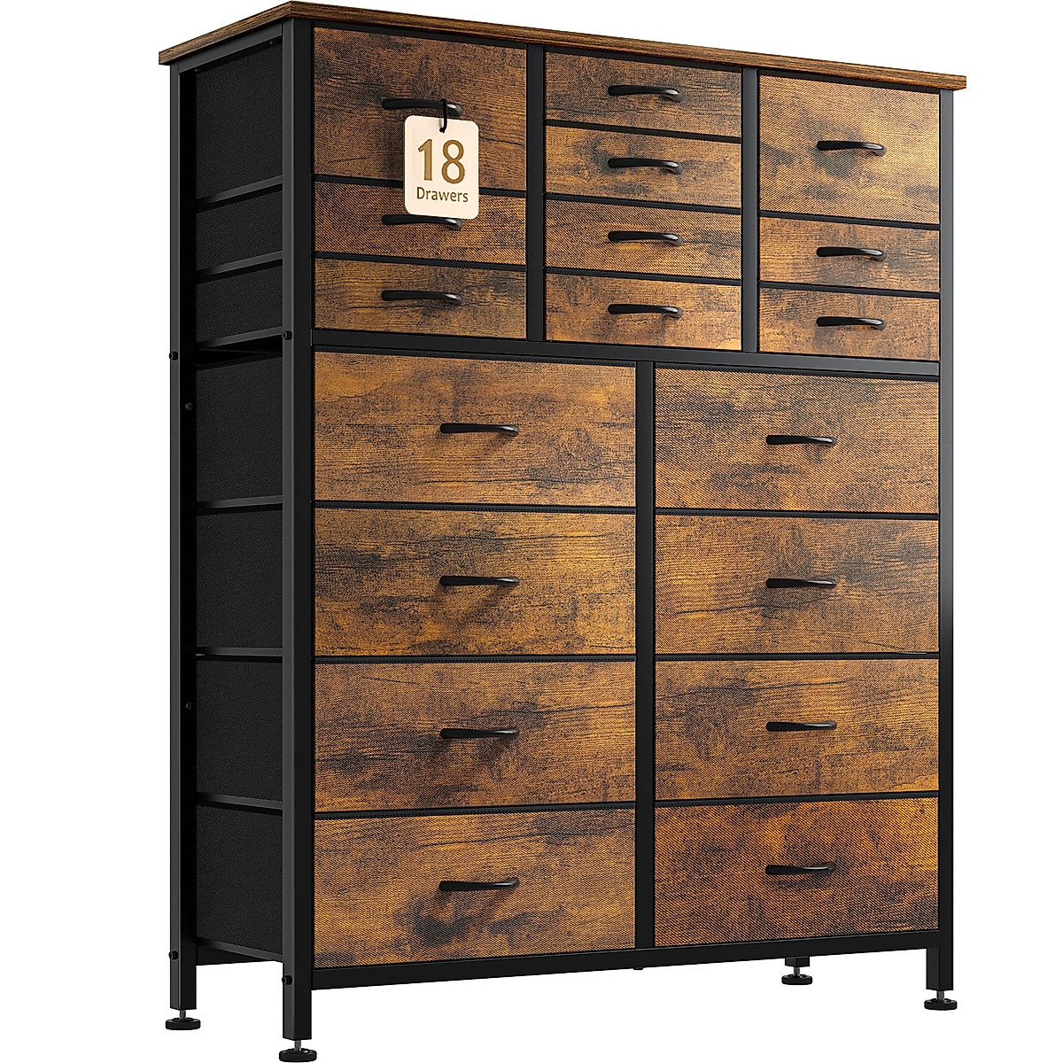 YaFiti 18 Drawer Dresser, Tall Dressers for Bedroom, Extra Large Capacity Fabric Storage Dresser with Wooden Top and Sturdy Metal Frame for Living Room, Closet, Hallway (Rustic Brown)