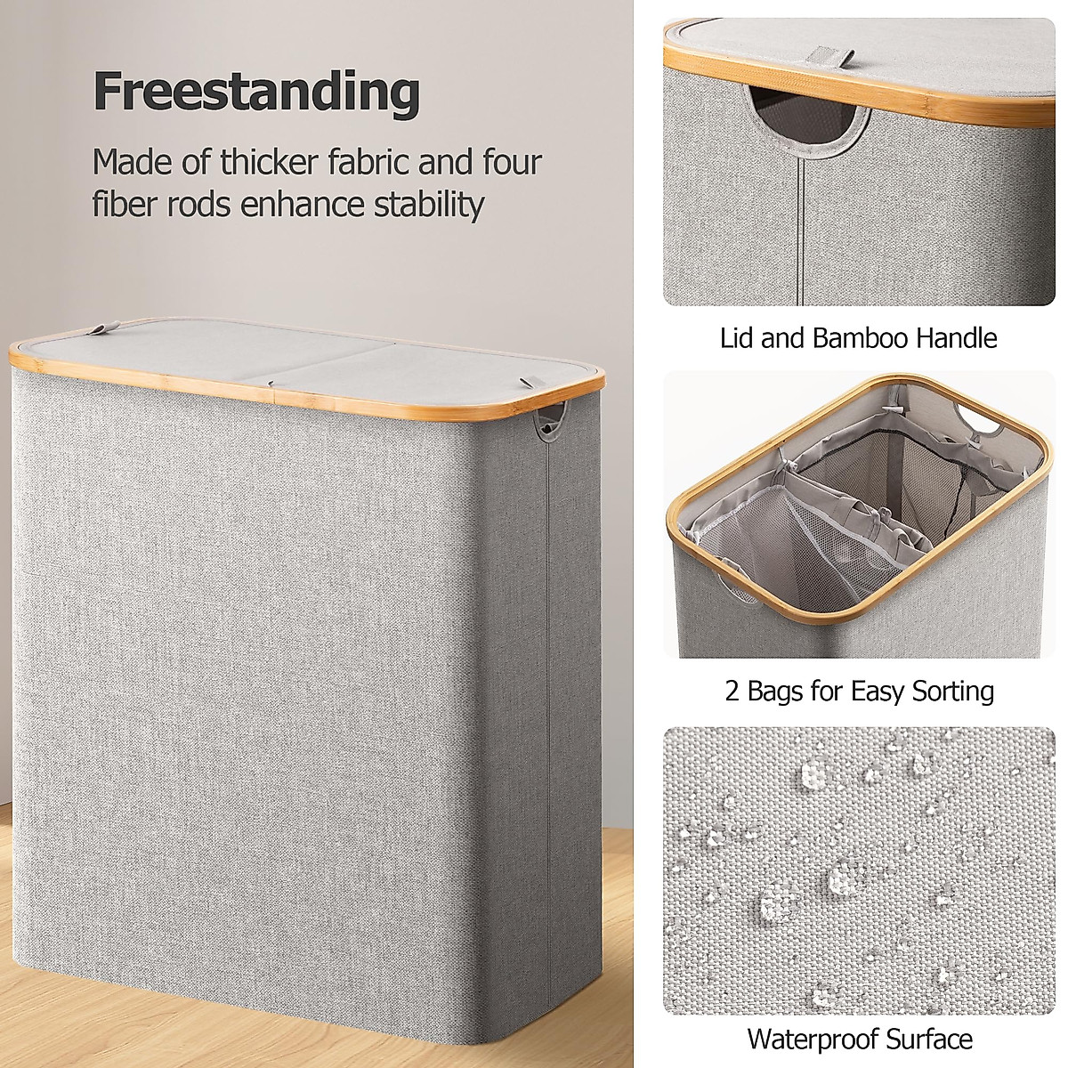 HBlife 145L Extra Large Double Laundry Hamper with Lid and Removable Inner Bag, 2 Section Collapsible Dirty Clothes Basket Organizer for Bathroom, Bedroom and Laundry Room, Light Grey