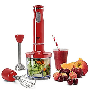 Moss & Stone Hand Blender Electric - With Egg Whisk & Chopper, Powerful 300- Watt - Immersion Hand Blender, Hand Mixer Set Stainless Steel Shaft & Blades, Handheld Blender With Ergonomic Handle, Red Blender