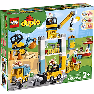 LEGO DUPLO Construction Tower Crane & Construction 10933 Creative Building Playset with Toy Vehicles; Build Fine Motor, Social and Emotional Skills; Gift for Toddlers (123 Pieces)