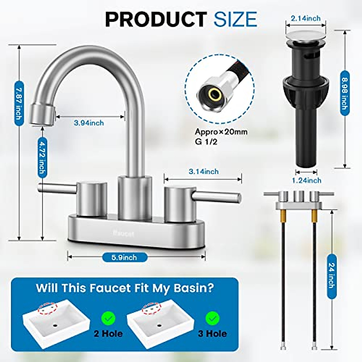 Bathroom Faucets for Sink 3 Hole, Bathroom Sink Faucet, Faucet for Bathroom Sink 4 Inch 2 Handle Centerset, Bathroom Faucet, Lead-Free, Vanity Faucet with Copper Pop Up Drain (Brushed Nickel)