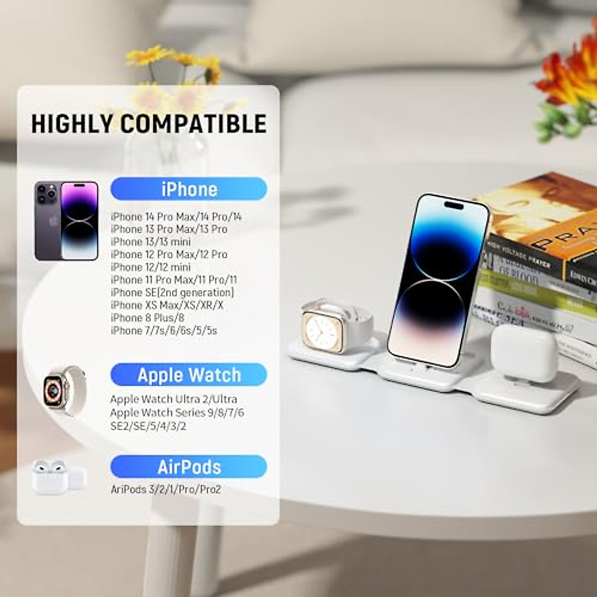 Foldable 3 in 1 Charging Station, Kartice Travel Charger Dock Stand for iPhone Multiple Devices iPhone 14 Pro Max/13/12/11/X/8 Plus/7/6,Airpod,Apple Watch 9/8/Ultra 2/Ultra/7/6/SE/5/4/3/2 Charging Pad