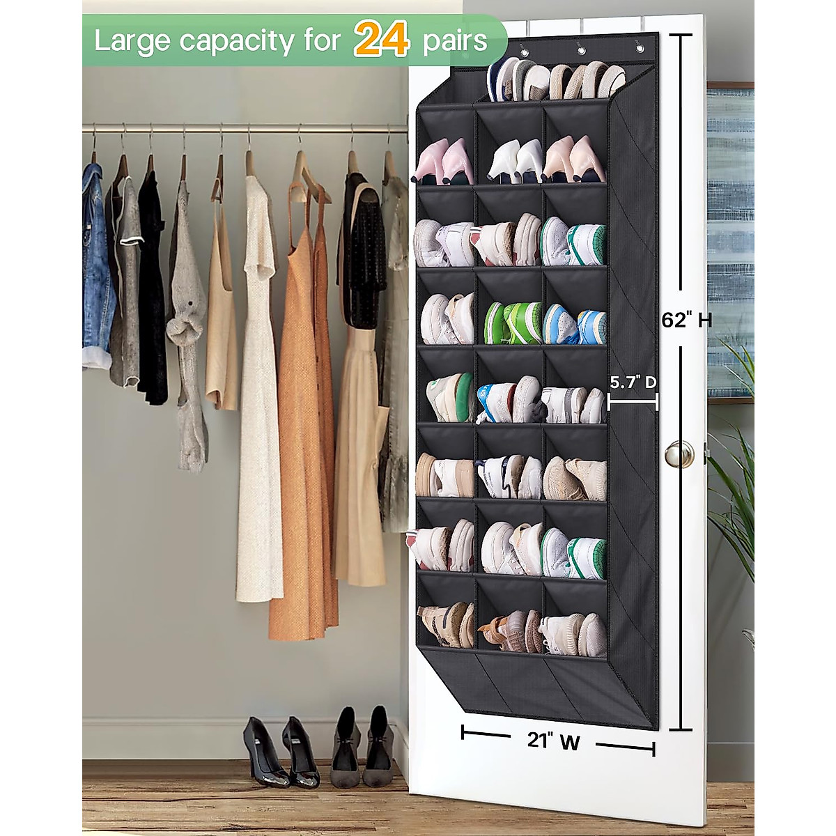 AOODA 24 Pairs Over the Door Shoe Organizer for Closet, Deep Pockets Large Hanging Shoe Rack for Door, 8-Tier Shoe Holder Hanger Shoe Storage Organizer, Black
