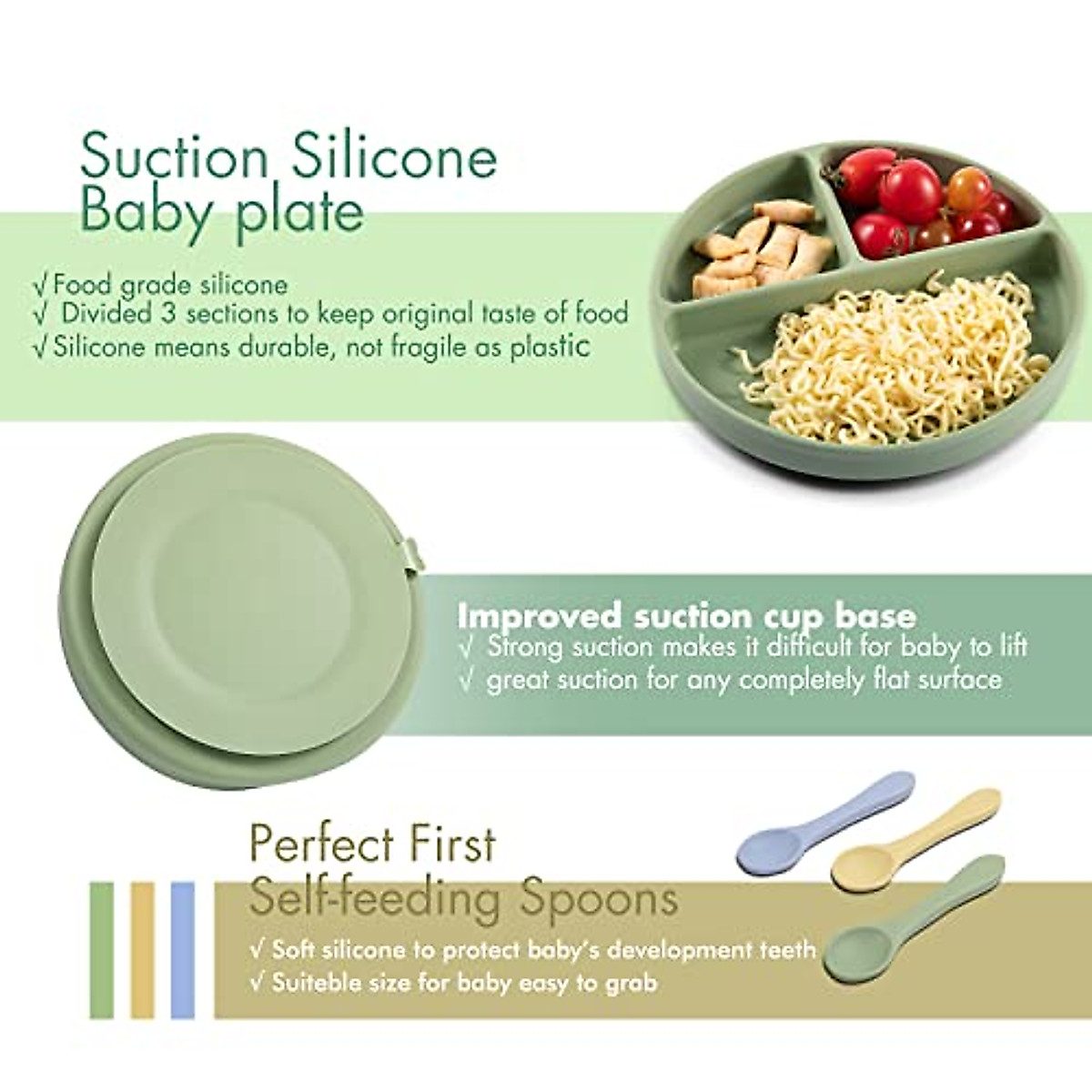 Hepotk Silicone Baby Feeding Set - 11 Pcs Baby Led Weaning Supplies - Food Grade Toddler Plates Bowls Set - Suction Bowl Divided Plate Bib Cup Spoons for Baby Kids