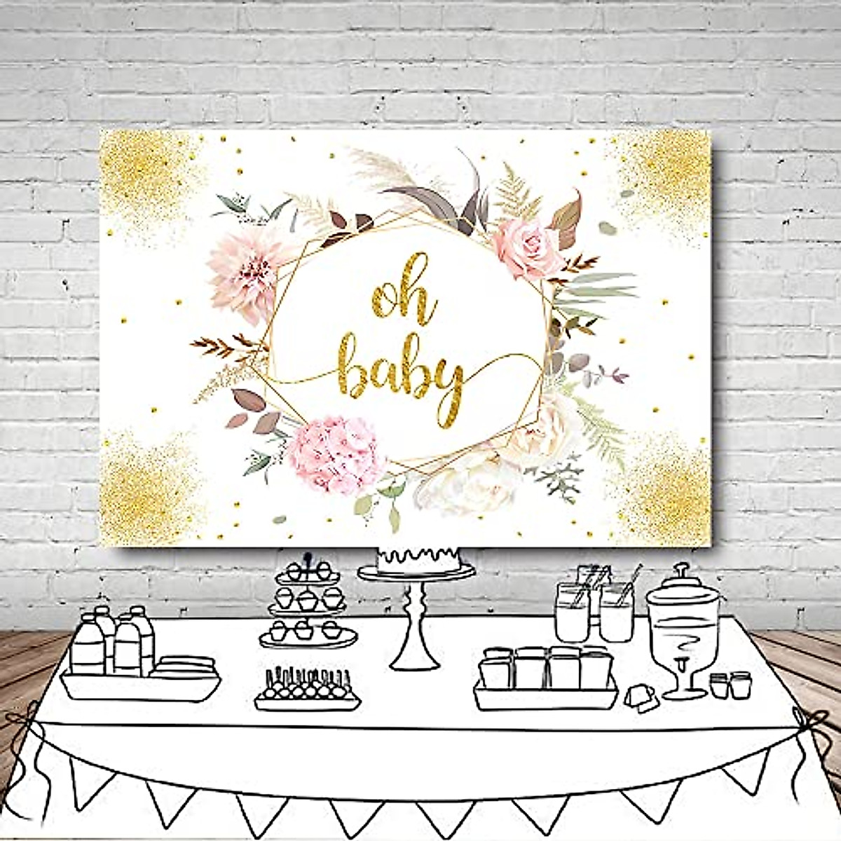 MEHOFOND Boho Pampas Baby Shower Backdrop for Girls Gold Glitter Sequins Dots Blush Pink Floral Photography Background Oh Baby Banner Announce Pregnancy Party Decorations Photo Booth Props 8X6ft