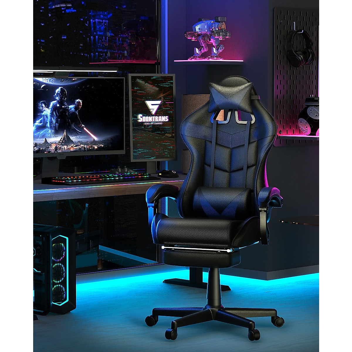 Soontrans Black Gaming Chairs with Footrest, Ergonomic Gamer Chair, Home Office Chair,PC Computer Chair with Headrest and Lumbar Support(Dark Black)