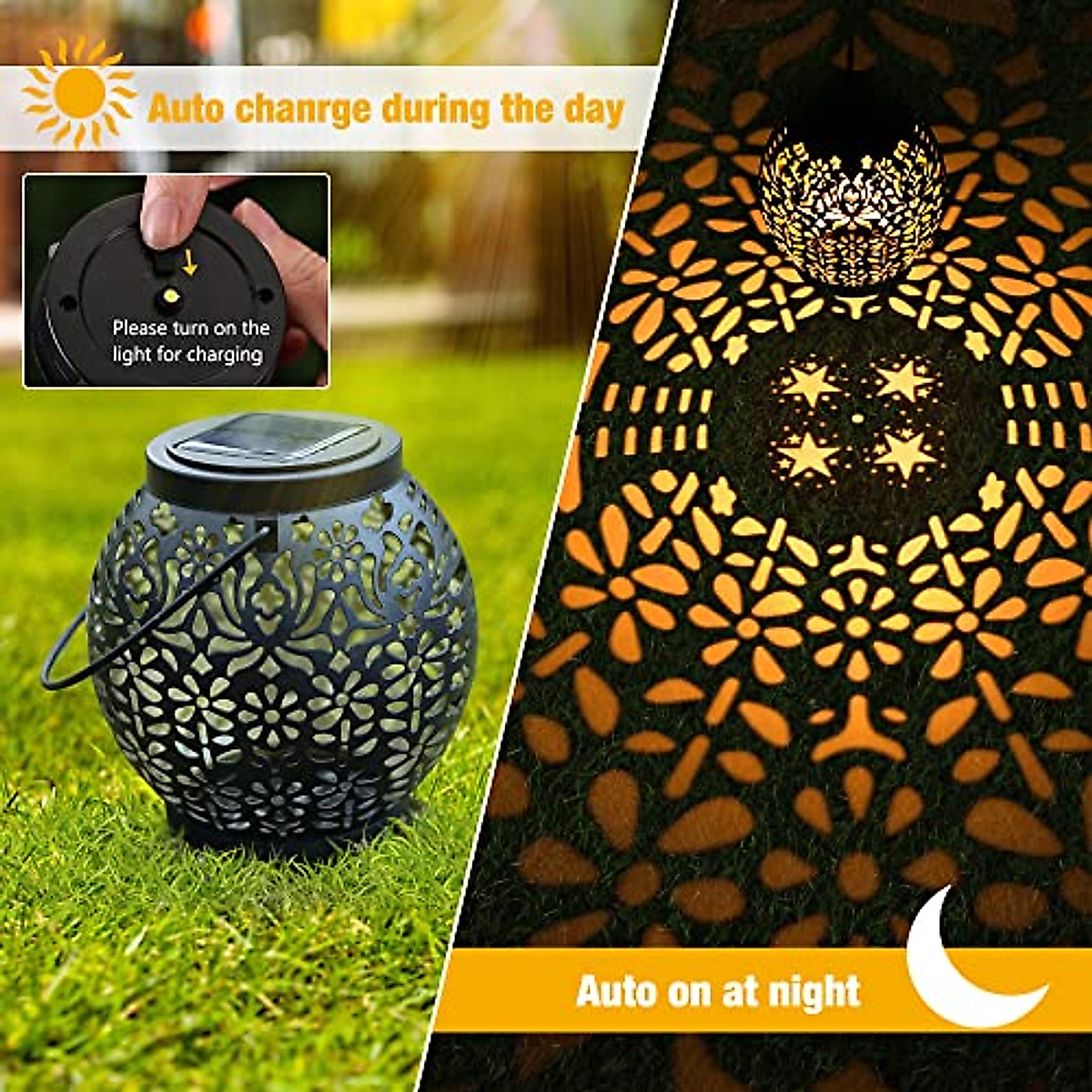 Brizled Solar Lantern Lights, 2 Pack Outdoor LED Solar Hanging Lantern Lights with Star Projection, Warm White Solar Garden Lights Retro Table Lantern Lights Waterproof for Garden Patio Courtyard Path