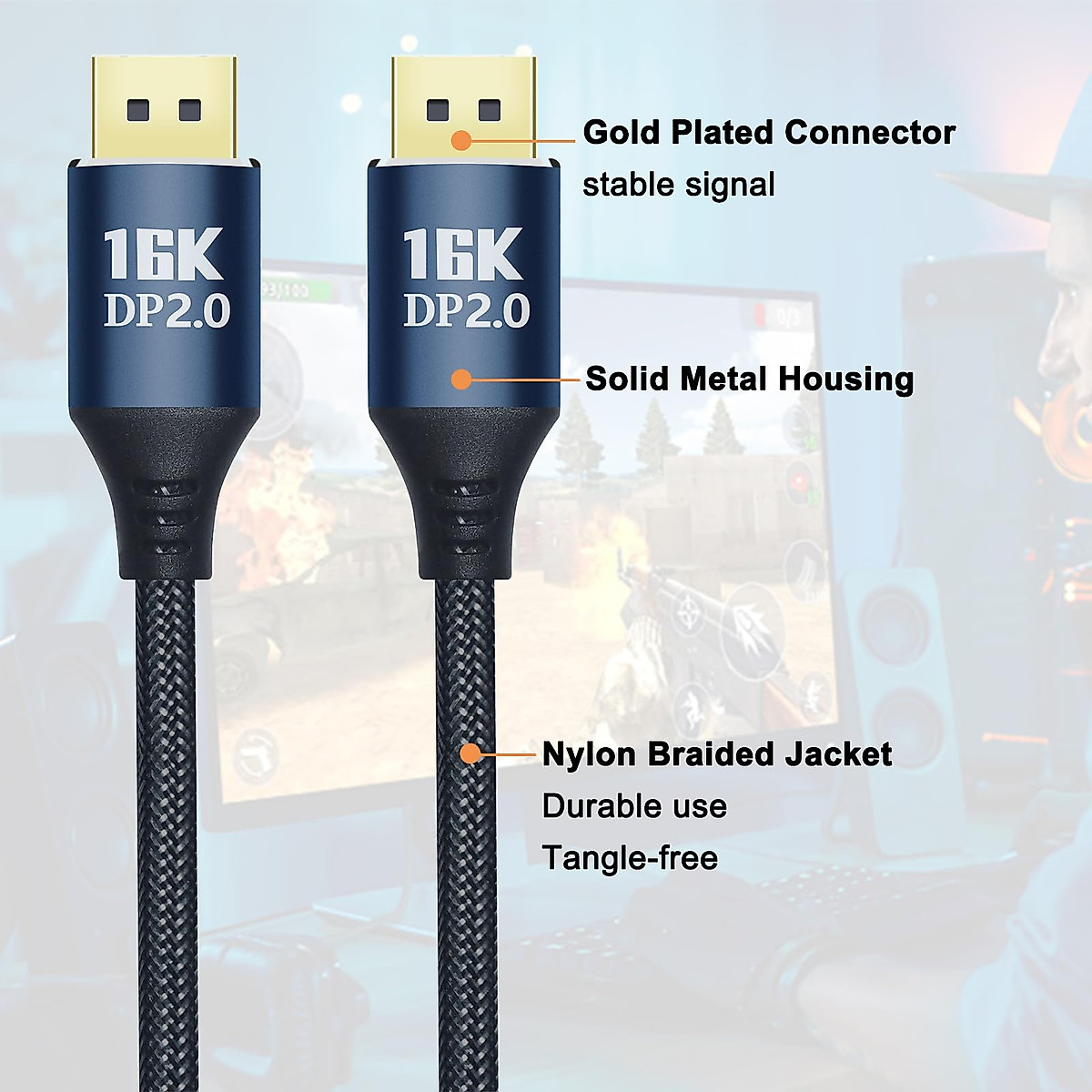 DCHAV 16K Displayport to Displayport Cable Display Port 2.0 16K@60Hz, 8K@120Hz, 4K@240Hz 165Hz 144Hz 80Gbps HDR FreeSync G-Sync DP Cord for Computer Gaming Monitor Laptop PC TV Graphics Card, 5ft