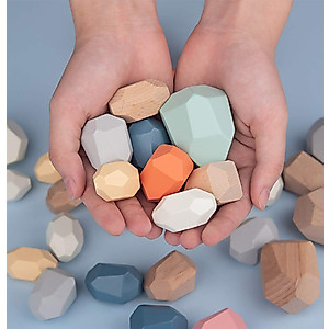 LSJDEER 40 PCS Wooden Rocks Balance Stones Building Blocks Set, Colored Wood Balancing Stone Stacking Game, Lightweight Natural Educational Preschool Learning Large Small Puzzle Toy for Kids