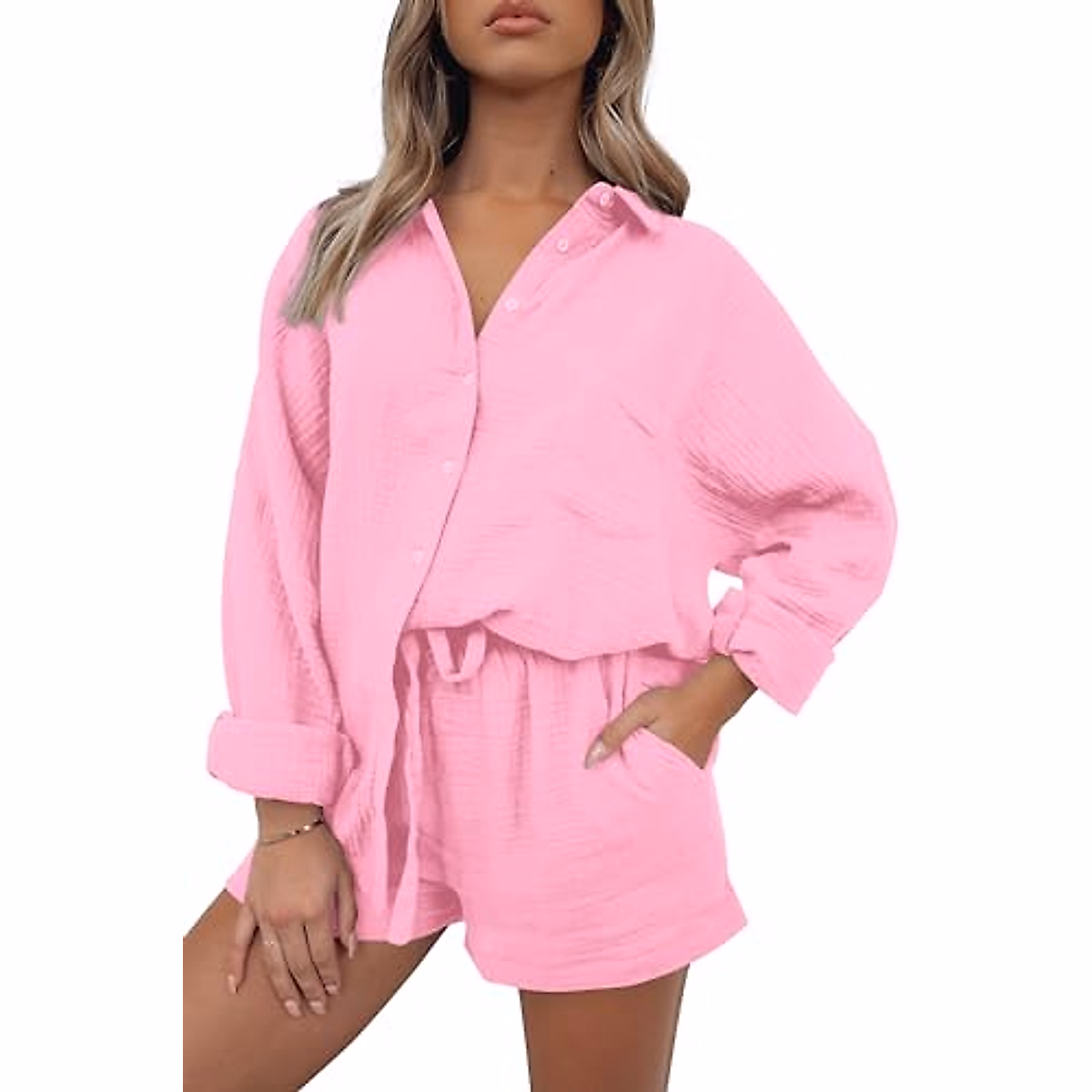 PRETTYGARDEN Women's 2 Piece Tracksuit Outfit Long Sleeve Blouse High Waisted Drawstring Shorts Loungewear Set (Pink,Medium)