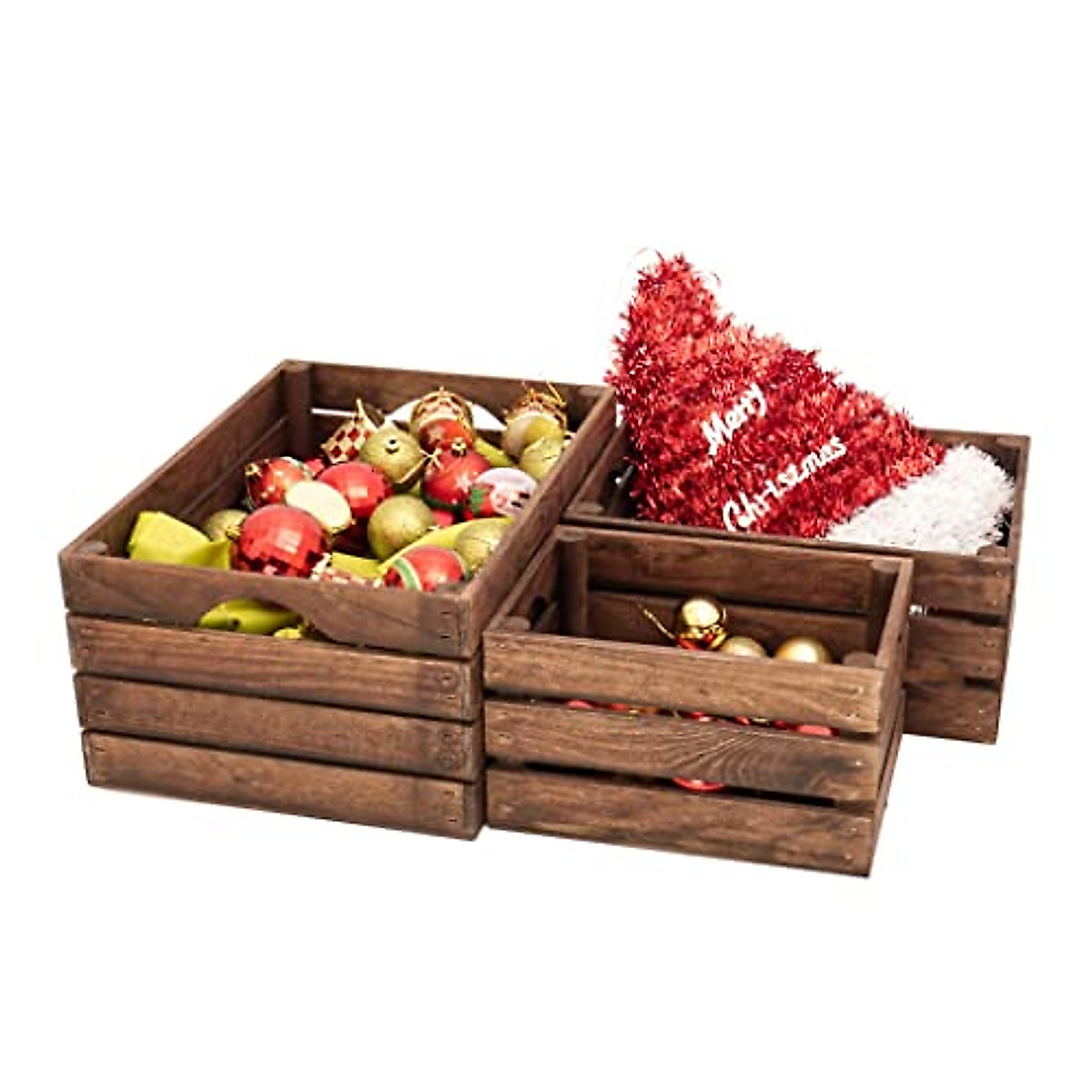 Rustic Wood Crates for vintage decorative display, Nesting Crate set for storage and farmhouse style decor, wooden boxes made from 100% Wood (Dark Brown, Nested Set of 3)