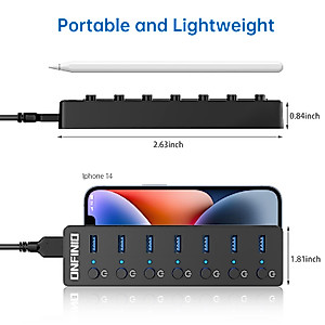 ONFINIO USB Hub, 7 Port USB Hub 3.0 with 3.3ft USB Cable Multiple Port with Individual LED On/Off Switches USB Splitter for Laptop & PC
