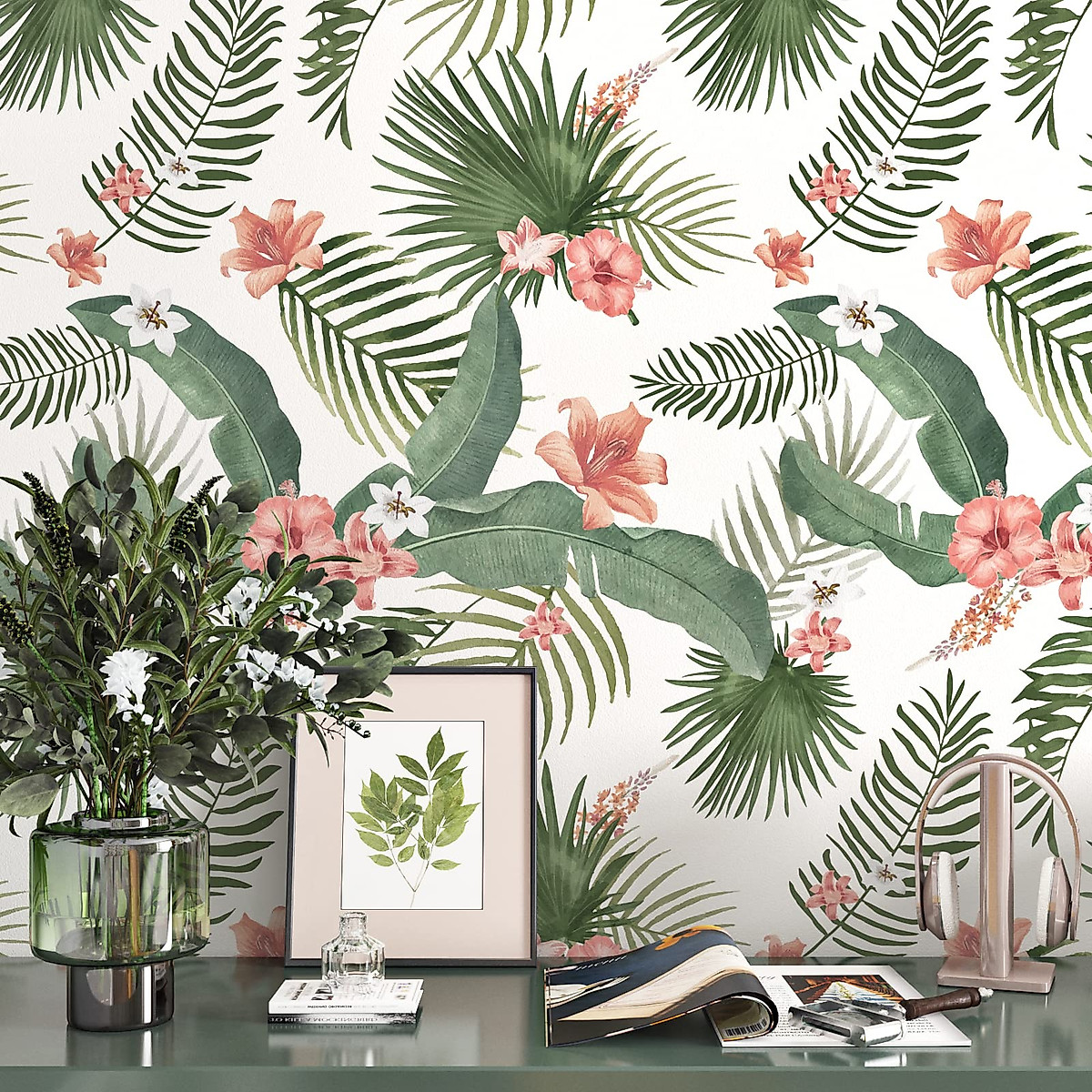 Skyblur Boho Waallpaper Vintage Floral Peel and Stick Wallpaper 17.5"X118" Tropical Banana Leaf Wall Paper Palm Removable Contact Paper for Cabinets Mural Stick on Wallpaper Home Decor for Walls