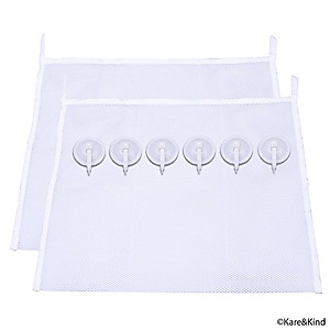 Bath Toy Organizer Set - 2 Extra Large Mesh Bags - 6 Extra Strong Grip Lock Suction Cup Hooks (White) - Easy Storage of Bath Toys and Other Bathroom Items - Mesh Bags Allow Content to Dry