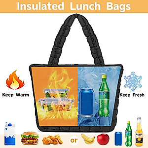 CAMTOP Lunch Box for Women Girls Insulated Cute Lunch Tote Bag Lunchbox Cooler Puffer Bag for Work Travel Picnic(Black)