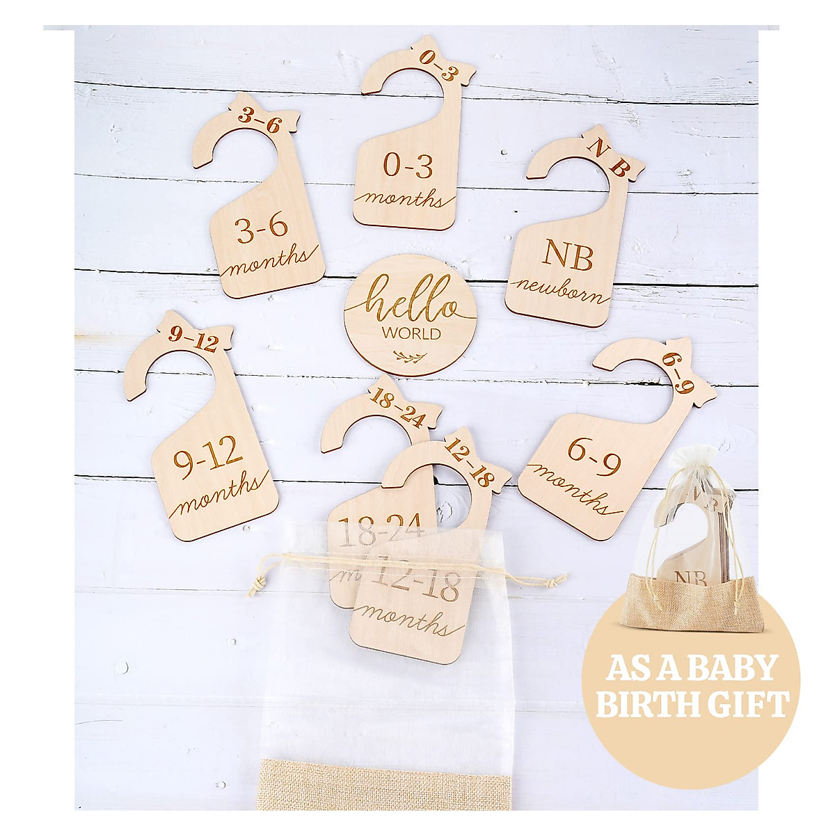 HOUÍSM Baby Closet Dividers Nursery Clothes Organizer, Baby Wooden Bundles with Birth Sign 5.9" and Keepsake Bag for Newborn to 24 Months, Timeless Engraved Design for Baby Girl Boy Room Decor