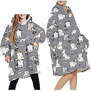 Darrenvan Wearable Blanket Hoodie Oversized Sweatshirt Blanket Adults women men Hooded Sherpa Blanket Giant Pocket reversible clothes Grey cat
