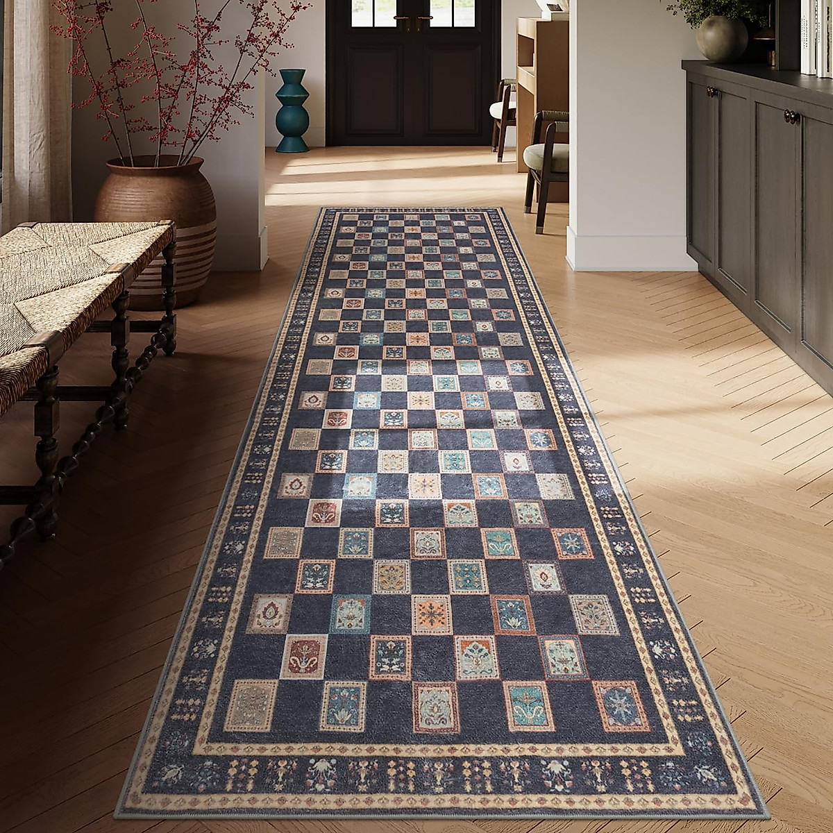 Lahome Checkered Runner Rug, Vintage Hallway Runner Non Slip, Machine Washable Distressed Rug for Kitchen, Retro Runner for Bathroom Laundry Entryway (Purple/Multi, 2.5x8)