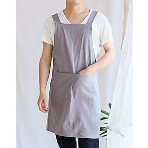 losofar Women Men Cotton/Linen Japanese Style Cross Back Aprons Pinafore Dress with Two Pockets for Cooking, Housewarming, Daily Chores(grey, 24×27.6inch)