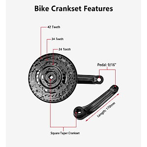 MEGHNA Bicycle Crankset FC-TY301 42-34-24 Teeth for 3x6/7/8 Speed 170mm Crank for Mountain Bike Gears Square Gears