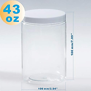HoleviFO 43oz (1280 ml) Clear Plastic Jars with Smooth White Lids and Labels (6 Pack), Wide Mouth, BPA Free, PET Jars Bulk for Home & Kitchen Pantry Organization and Storage