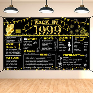 DARUNAXY 25th Birthday Black Gold Party Decoration, Back in 1999 Banner 25 Year Old Birthday Party Poster Supplies Vintage 1999 Backdrop Photography Background for Men & Women 25th Class Reunion Decor