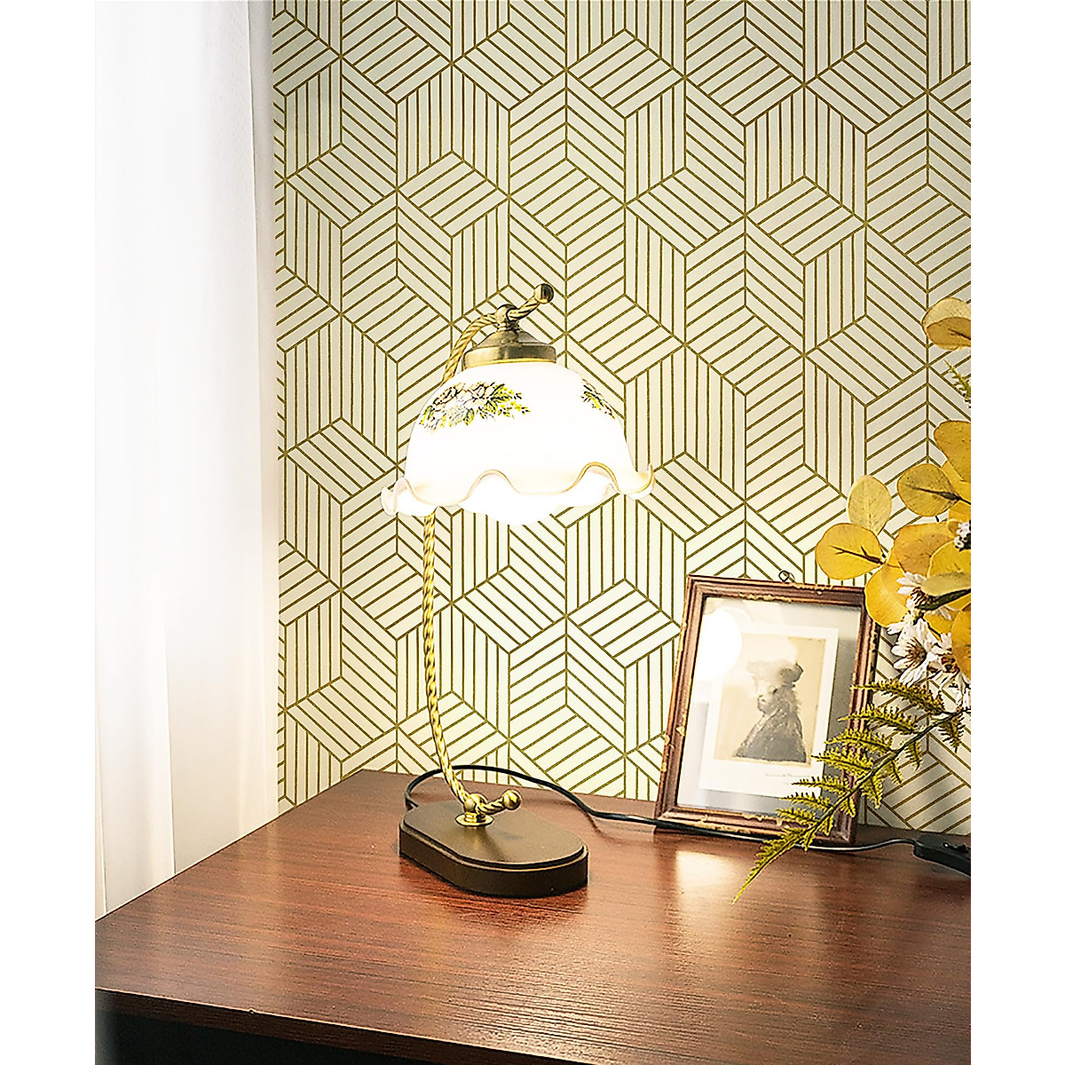 CiCiwind Peel and Stick Wallpaper Gold and Beige Contact Paper Geometric Striped Hexagon Wallpaper Removable Self Adhesive WallPaper Waterproof Vinyl Paper for Cabinets Shelf Drawer 15.7"x78.7"Upgrade