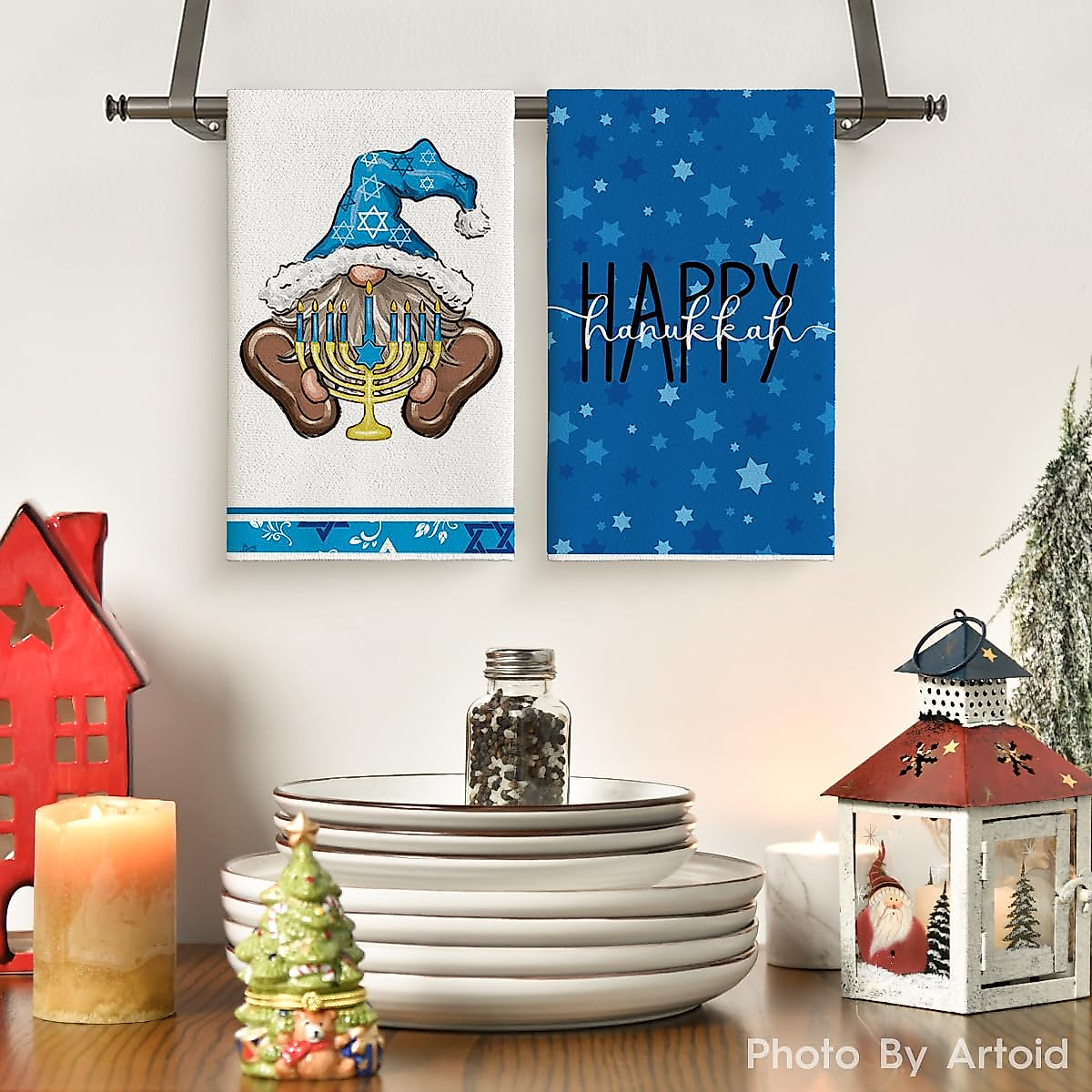 Artoid Mode Menorah Gnomes Stars Happy Hanukkah Kitchen Towels Dish Towels, 18x26 Inch Seasonal Christmas Decoration Hand Towels Set of 2