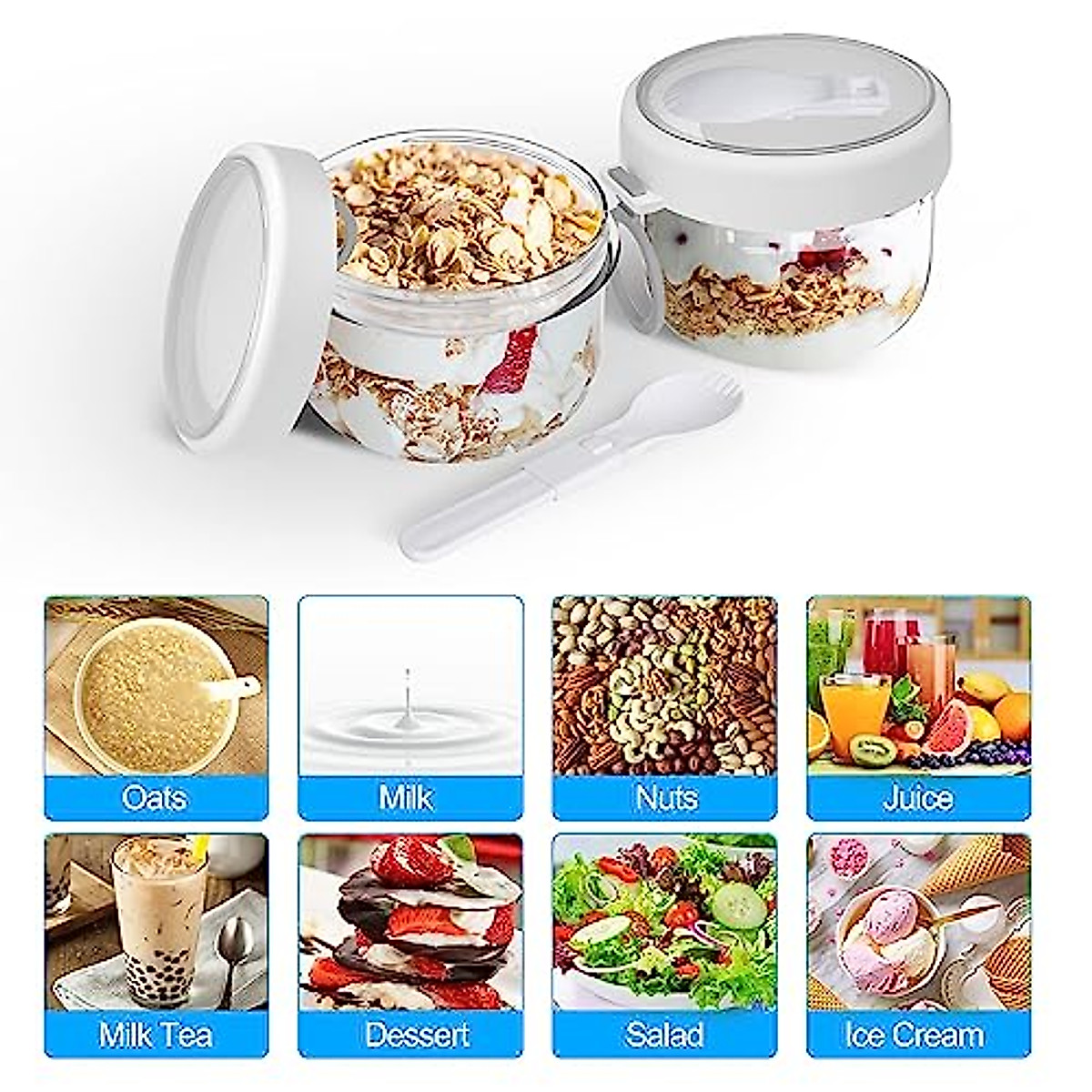 Overnight Oat Containers with Lids and Spoons 3PCS, 20oz Portable Plastic Yogurt Jars, Leakproof Dessert Cups for Yogurt Breakfast On The Go Cups, Oatmeal Jars Snack Containers (3white)