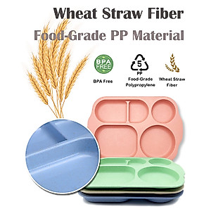 KITLAB Unbreakable Divided Plates, 4 Pack Wheat Straw Tray, Large Fast Food Tray for Toddlers Adults Kids Children, Lightweight Plates, Dishwasher and Microwave Safe