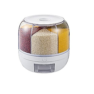 XBWEI 6-Grid Rotating Rice Dispenser Rice Storage Bucket Rice and Grain Storage Container -Click Rice Output