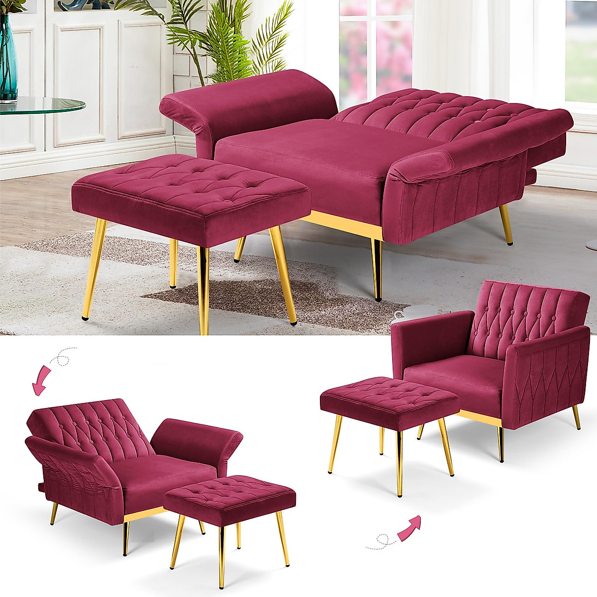 ACMEASE 2 Pieces Velvet Futon Sofa Set with Adjustable Backrests and Armrests, 70” Convertible Sofa Bed & Tufted Accent Chair with Ottoman for Living Room, Fuchsia
