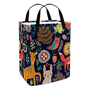 Forest Animals Owl Hedgehog Deer Fox Rabbit Print Collapsible Laundry Hamper, 60L Waterproof Laundry Baskets Washing Bin Clothes Toys Storage for Dorm Bathroom Bedroom