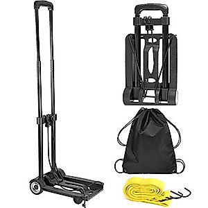 ZOENHOU 25KG 55Lbs Black Folding Hand Truck, Solid Construction Utility Cart, 2 Wheels Luggage Cart with 1 Roll Bungee Cord and 1 Pack Storage Pouch Compact, for Backpack, Travel, Office