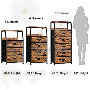 Furnulem Nightstand with 3 Drawers and 2-Tier Shelf, Fabric Small Dresser Organizer Vertical Storage Tower for Bedroom, Closet, Hallway, Nursery, End Table Side Furniture, Sturdy Steel Frame, Wood Top