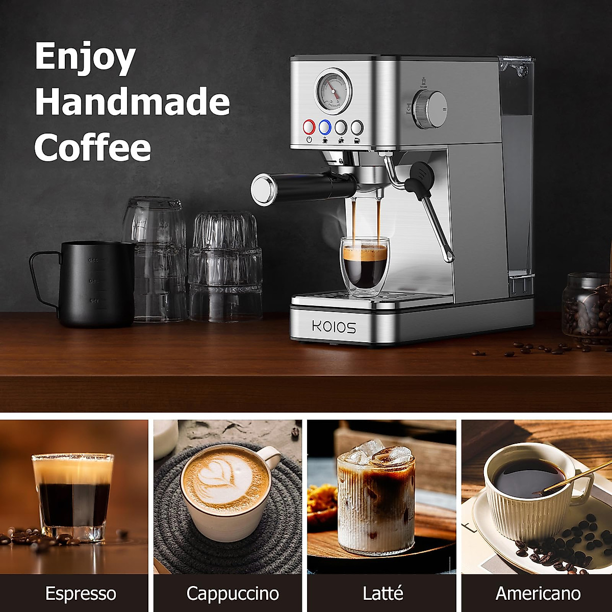 KOIOS Espresso Machines, Upgraded 1200W Espresso Maker with Foaming Steam Wand, 20 Bar Semi-Automatic Steam Espresso Coffee Maker for home, Cappuccino & Latte Machine with 58oz Removable Water Tank