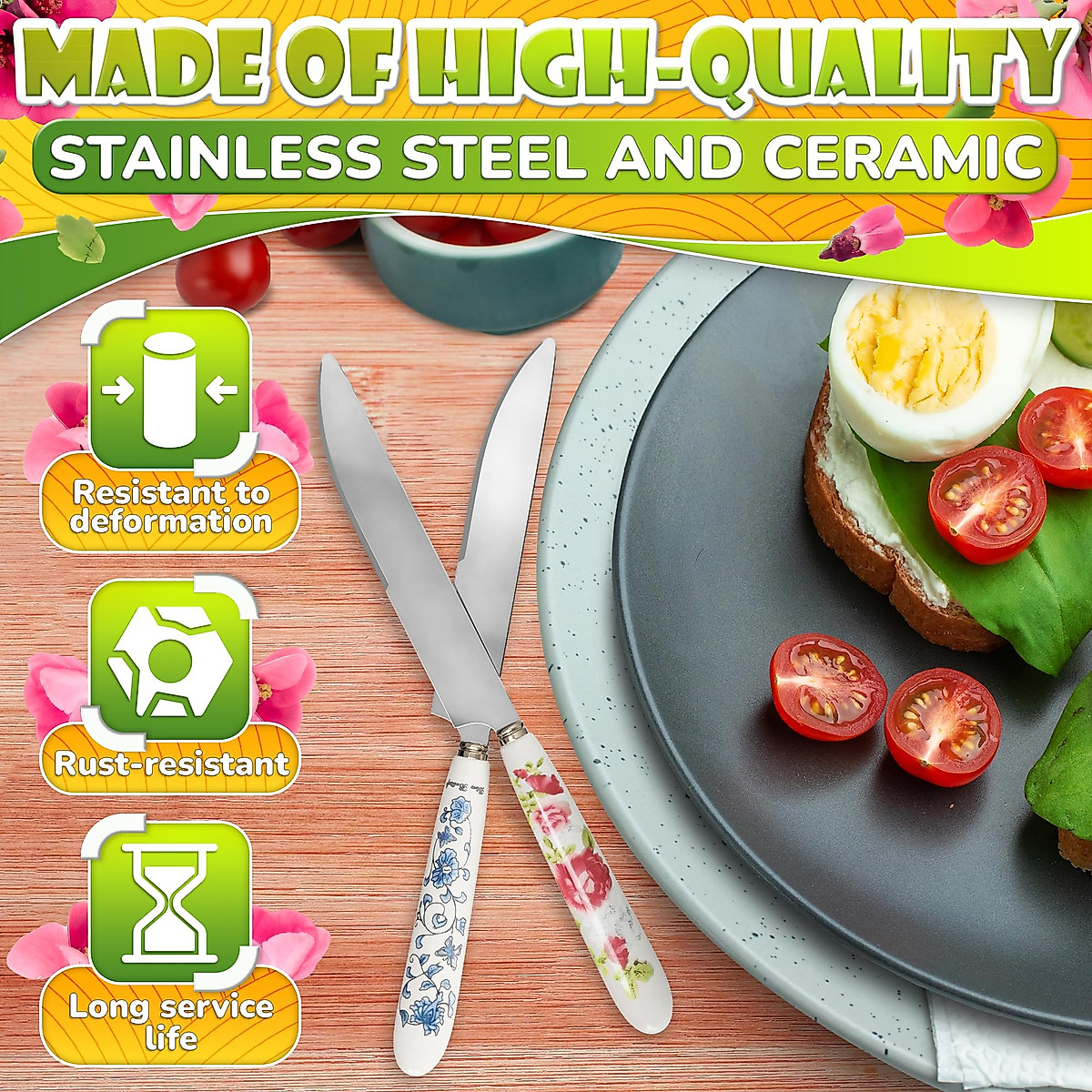 Dinner Knives Ceramic Handle Flatware Set - Floral Knife Butter Knives Set of 6 Stainless Steel Knives Kitchen Knife Dinner Knife Butter Knife Set - Table Knives Floral Knife Set Dinner Knife Set