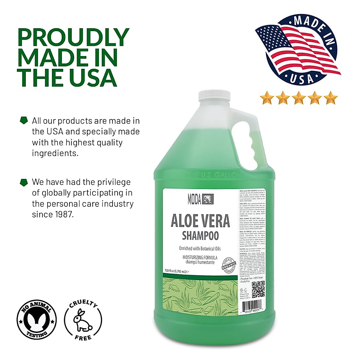 MODA - Moisturizing Shampoo for All Hair Types, Aloe Vera, 128 Oz, Professional - Deeply Cleanses and Conditions, Strengthens, Restores and Shine your Hair