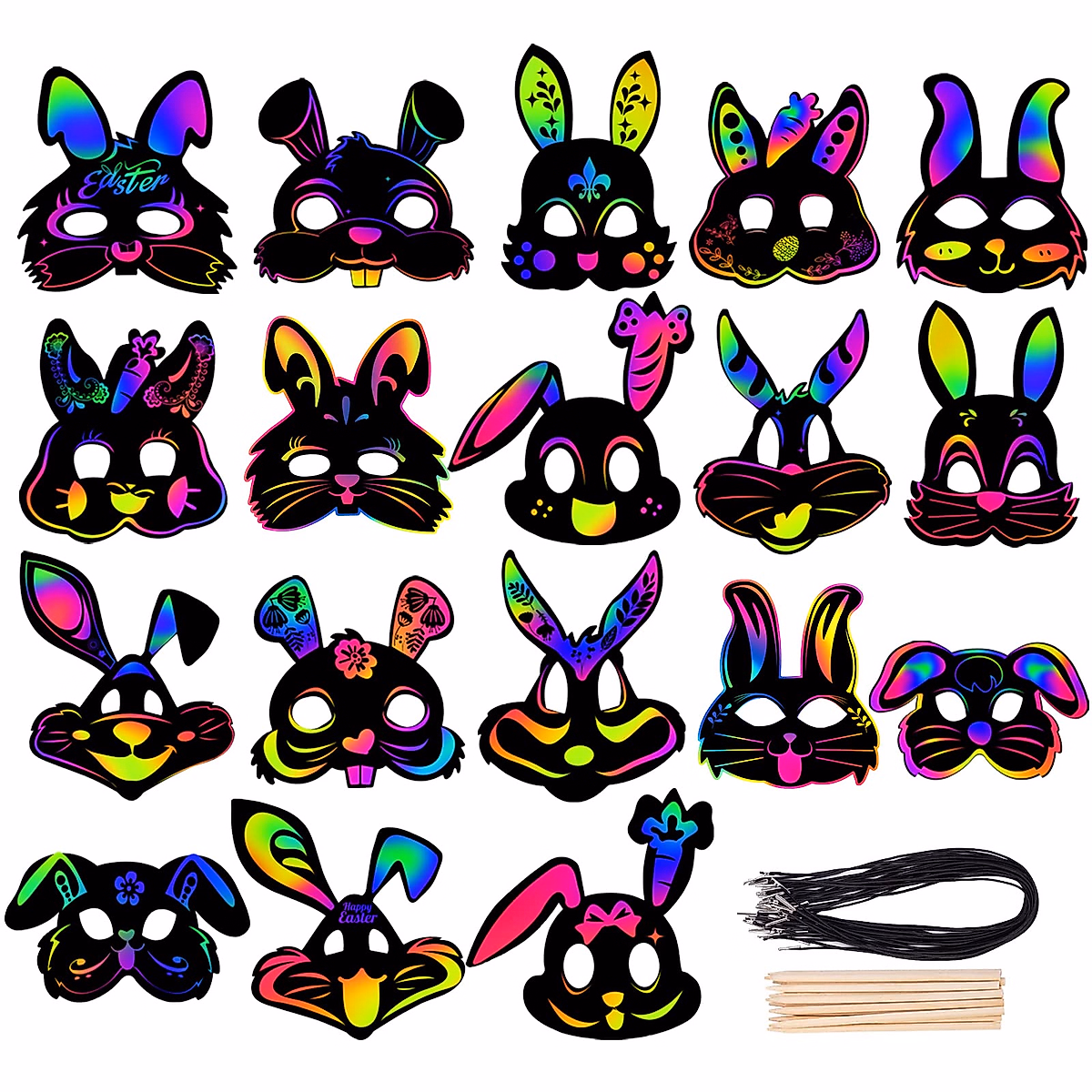 Easter Mask Craft Kit, 54 Pcs Scratch Art for Kids, Kids Magic Rabbit Masks, Scratch Paper Animal Masks with 18 Wood Stylus, DIY Rainbow Scratch Art Masks for Halloween, Animal Birthday Party
