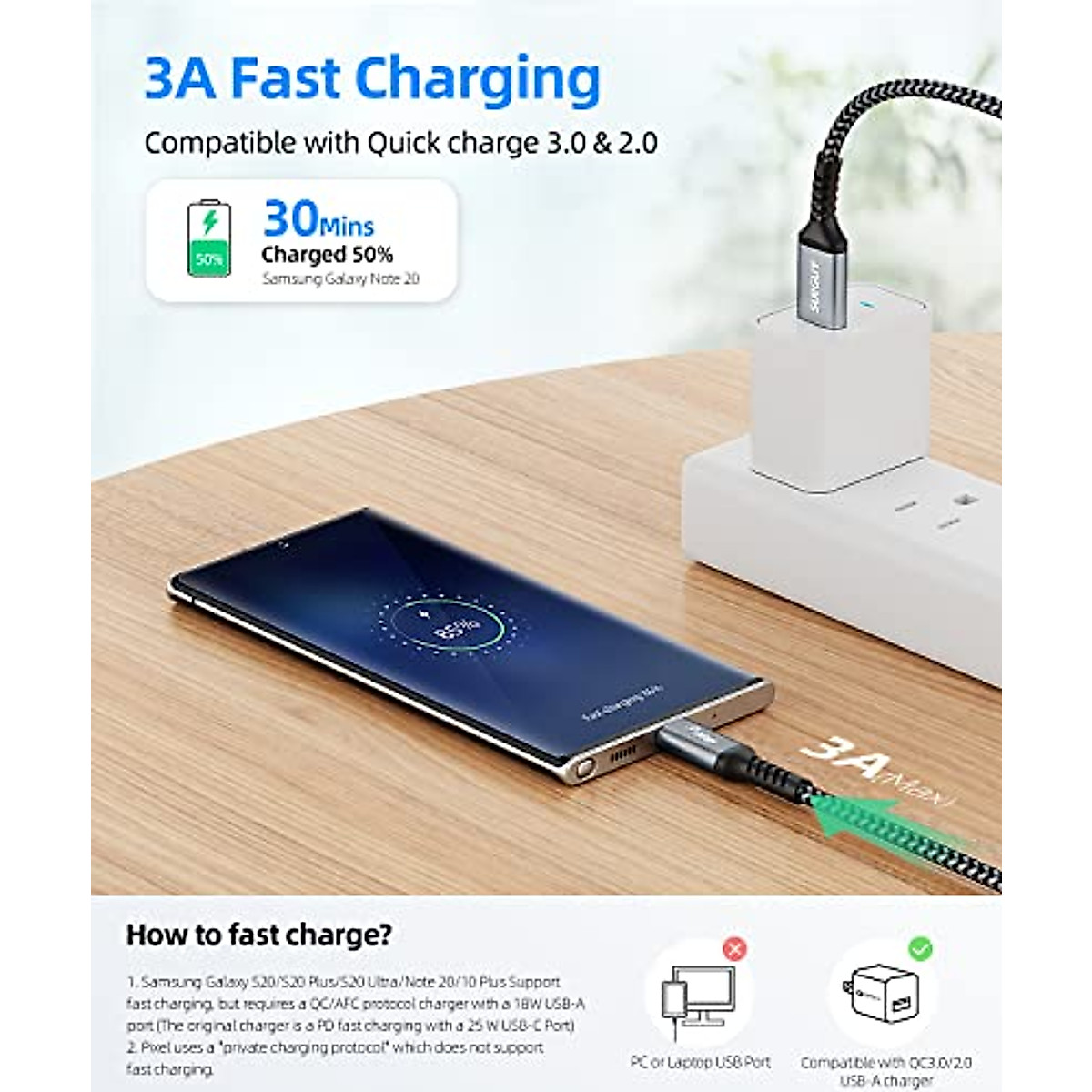 SUNGUY USB C Android Auto Cable 1FT, USB C to USB 3.1 USB 3.2 Gen2 10Gbps USB A to C Data Fast Charging Cable Compatible with Samsung Galaxy S21 S20 S10 S10E Note 20, USB C External C SSD, Pixel