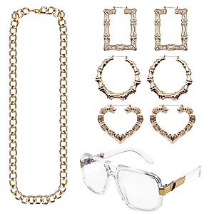 Lohoee Hip Hop Costume Kit Old School Rapper Sunglasses Faux Gold Chain Earrings 80s/ 90s Rapper Accessories Party Supplies Decorations Cosplay Props